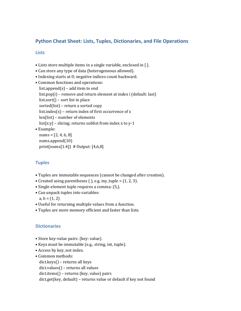 Python Cheat Sheet: Lists, Tuples, Dictionaries, File Ops