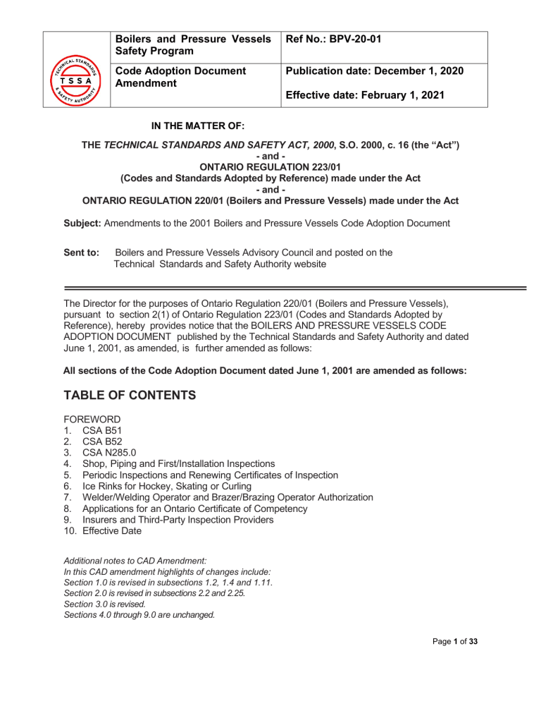 Boilers and Pressure Vessels Code Adoption Amendment 2020-2021