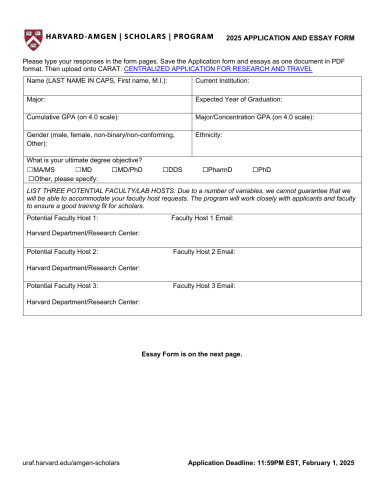 2025 Harvard Amgen Scholars Application Form