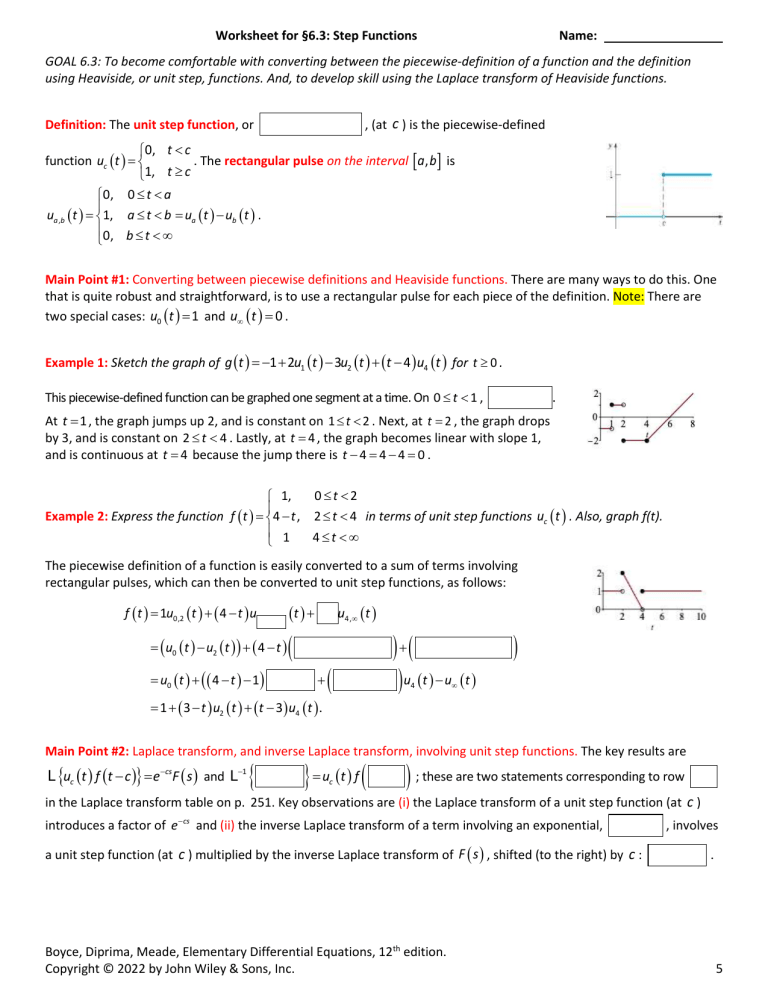 Step Functions Worksheet: Differential Equations