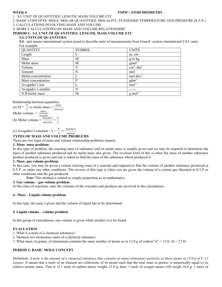 Stoichiometry: S.I. Units, Mole Concept, Calculations