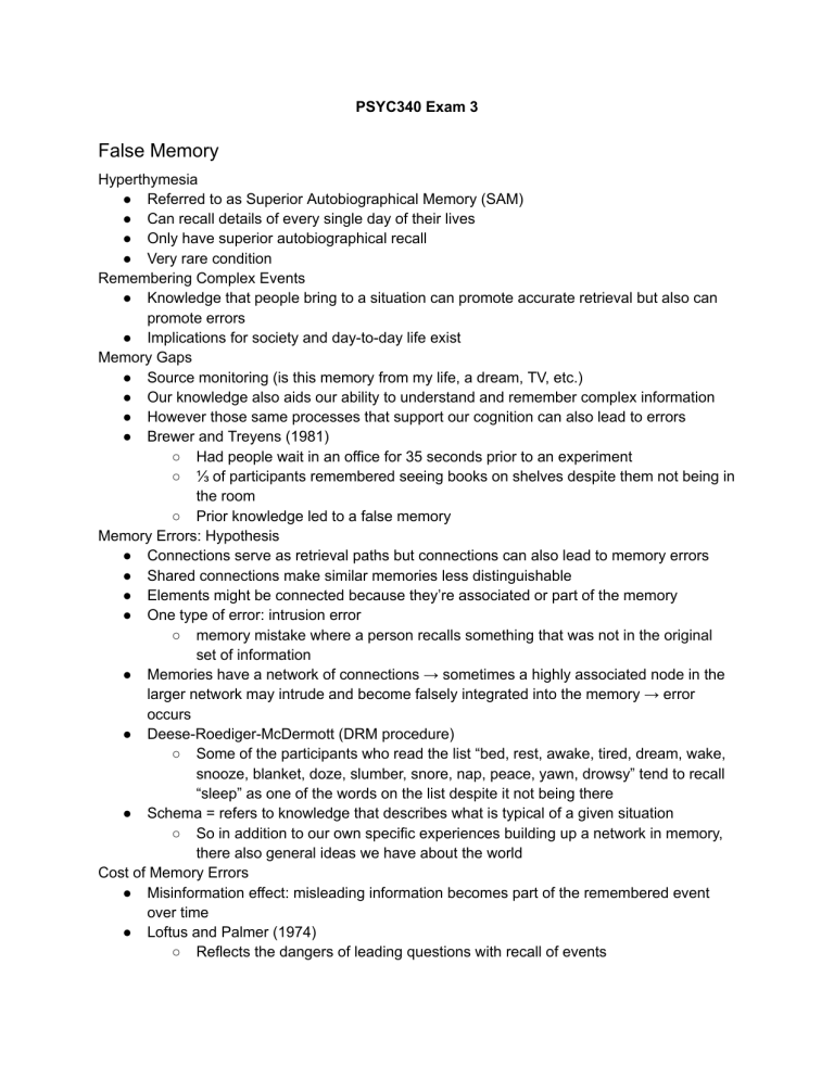PSYC340 Exam 3: False Memory & Cognitive Psychology Study Guide
