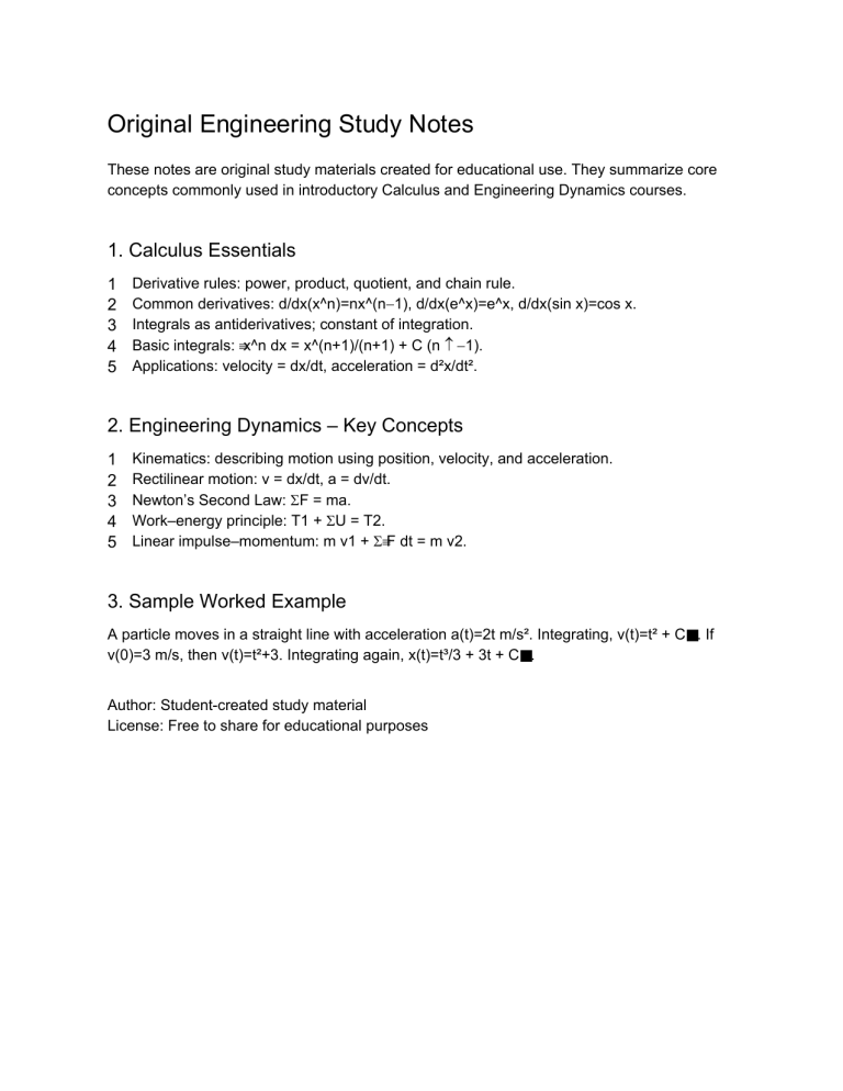 Original Engineering Study Notes: Calculus & Dynamics