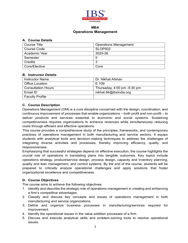 MBA Operations Management Syllabus
