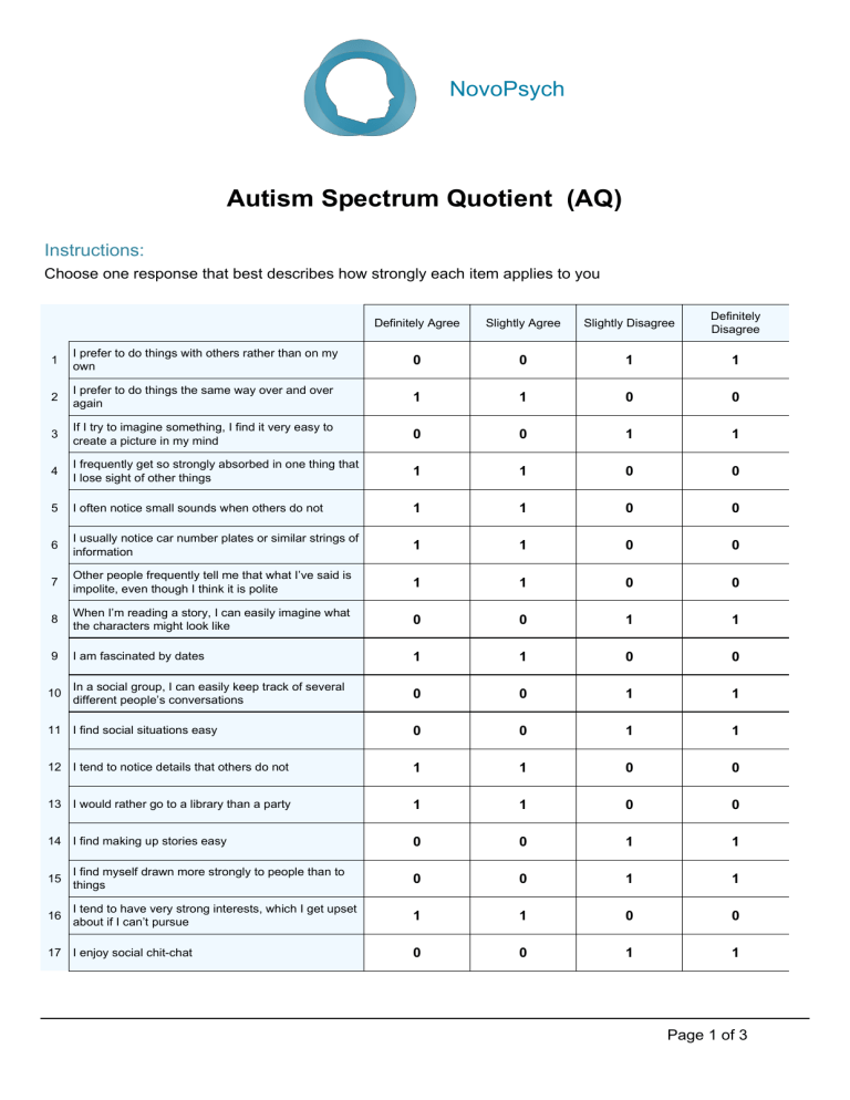 Autism Spectrum Quotient (AQ) Assessment Tool