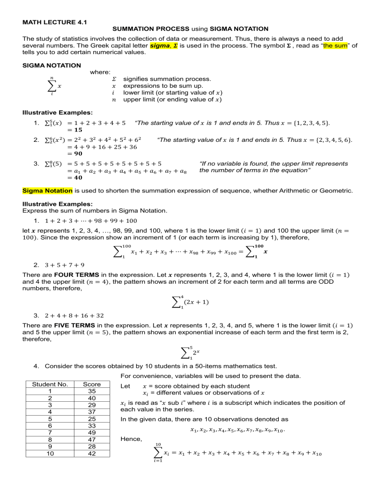 Math Lecture 4.1: Summation Process using Sigma Notation
