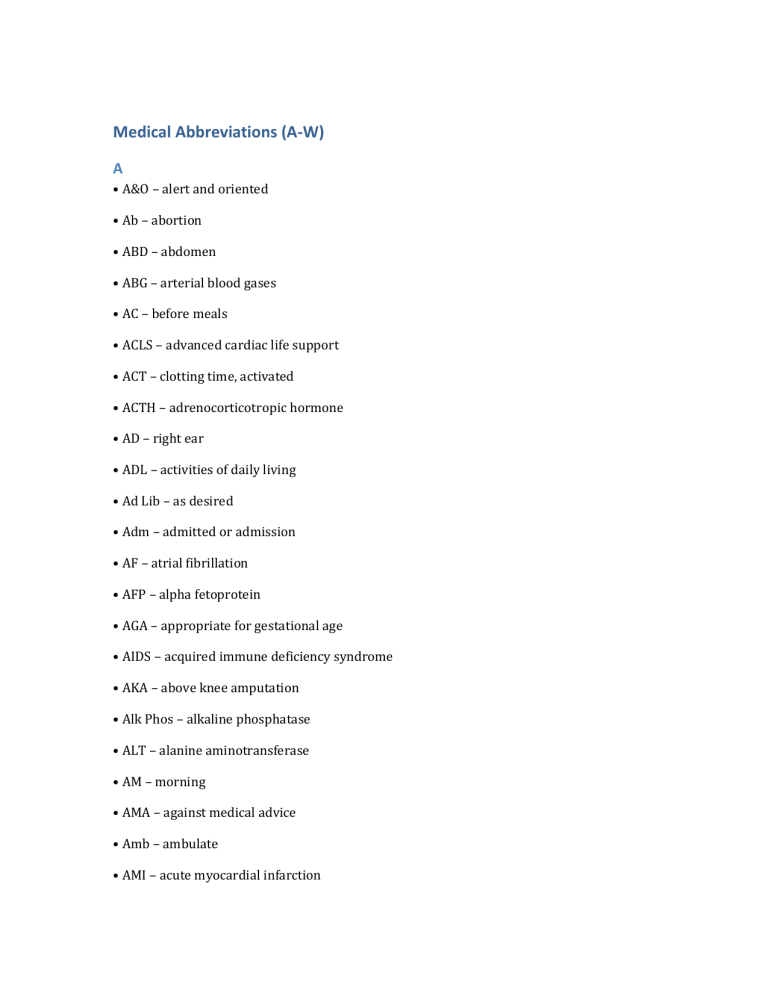 Medical Abbreviations (A-W) Reference