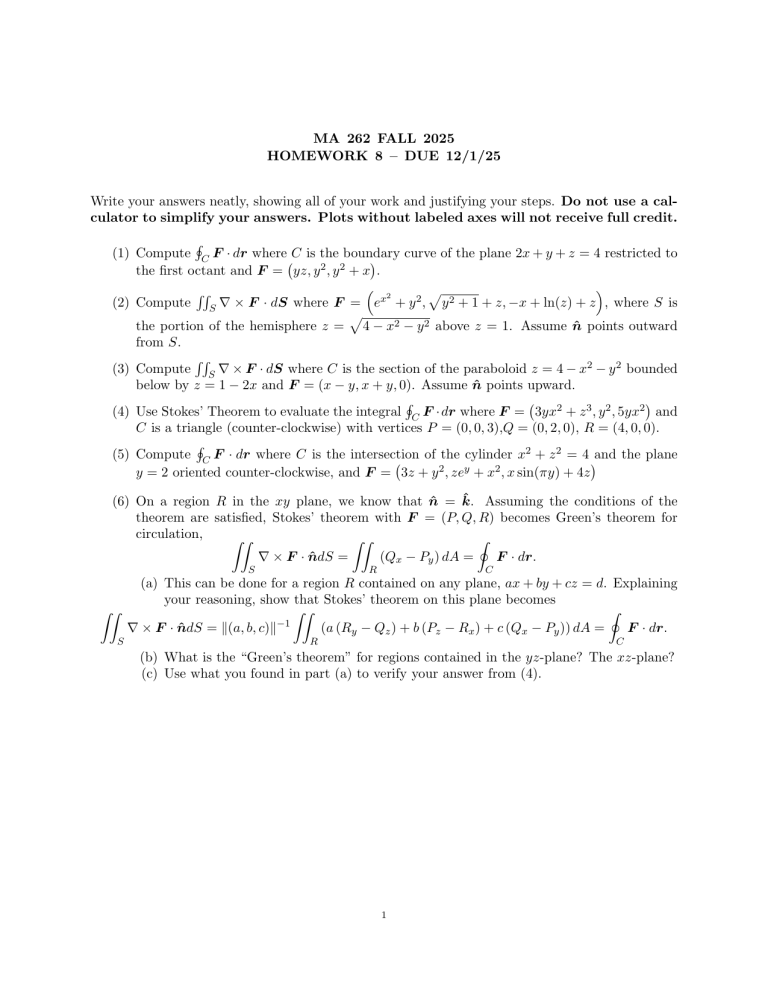 MA 262 Fall 2025 Homework 8: Vector Calculus Problems