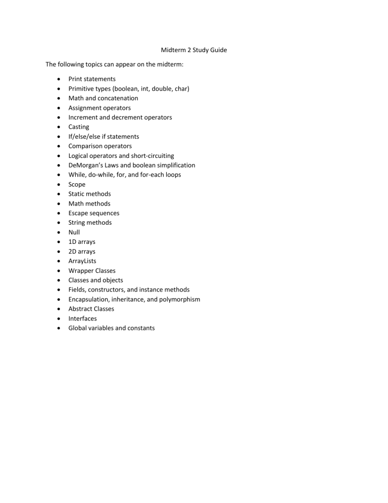 Midterm 2 Study Guide: Programming Concepts
