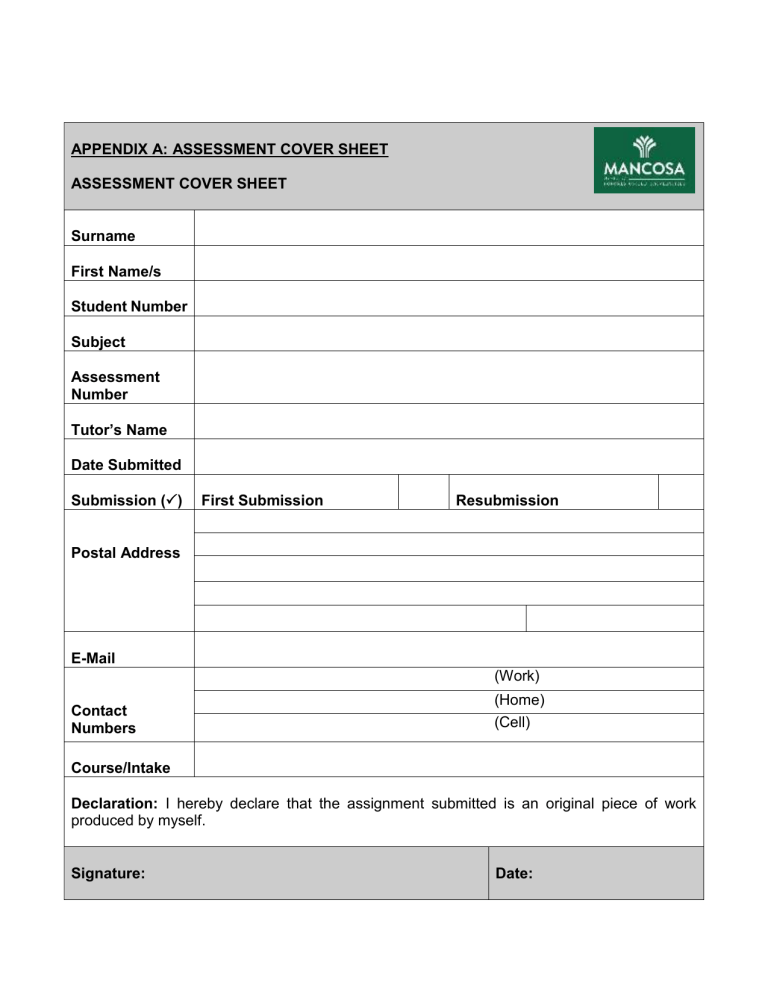 MANCOSA Assessment Cover Sheet Template