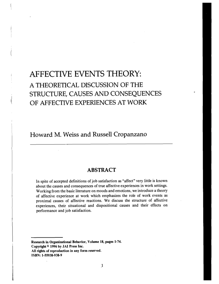 Affective Events Theory: Work Emotions, Causes, Consequences