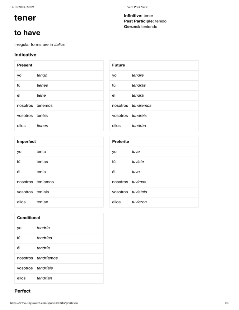 Tableau de conjugaison du verbe espagnol tener