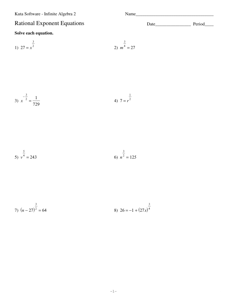 Rational Exponent Equations Worksheet - Kuta Software