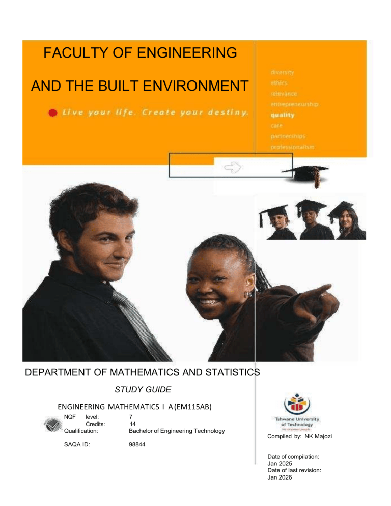 Engineering Mathematics I A Study Guide (EM115AB) - TUT