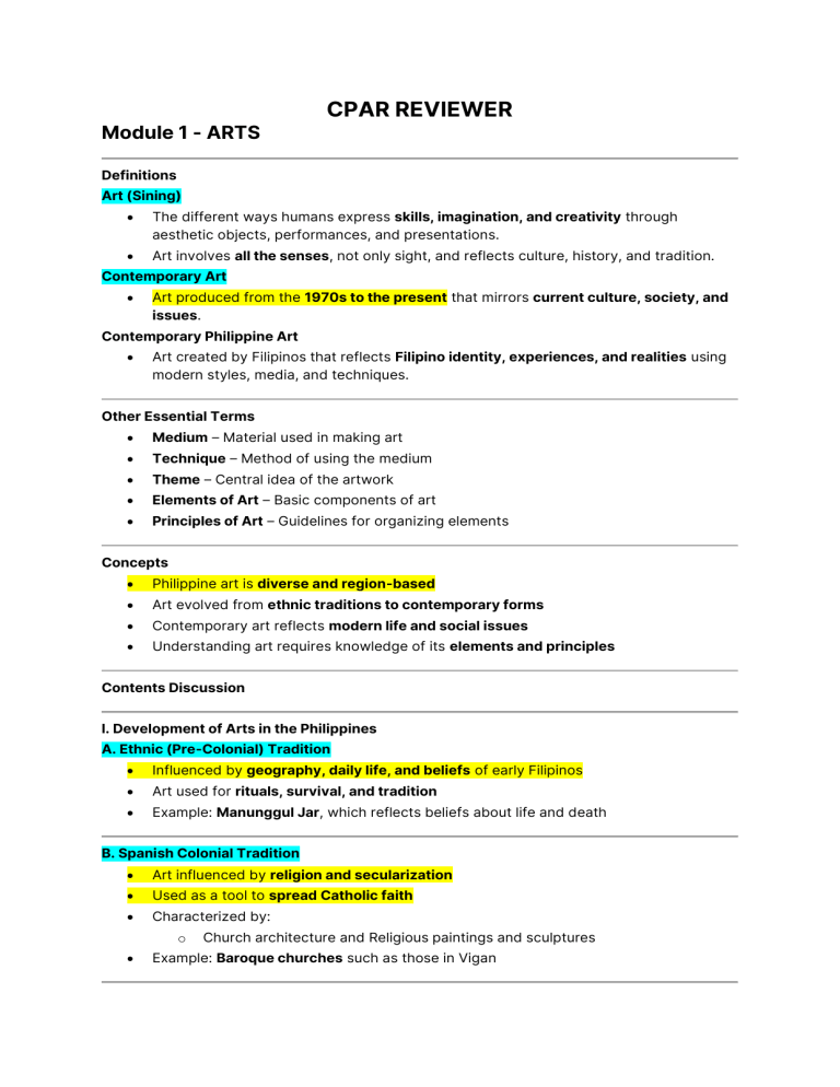 Philippine Arts Module 1: CPAR Reviewer