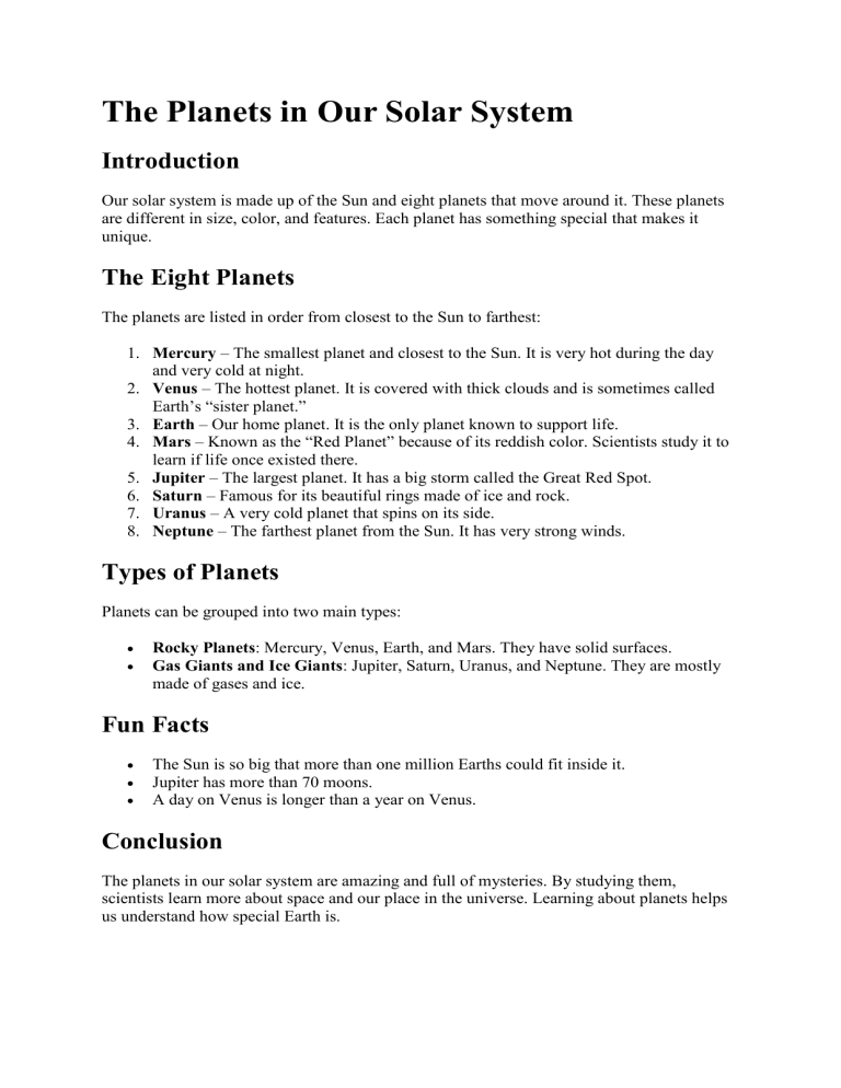The Planets in Our Solar System: A Guide for Kids