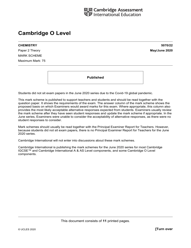 Cambridge O Level Chemistry Paper 2 Mark Scheme May/June 2020