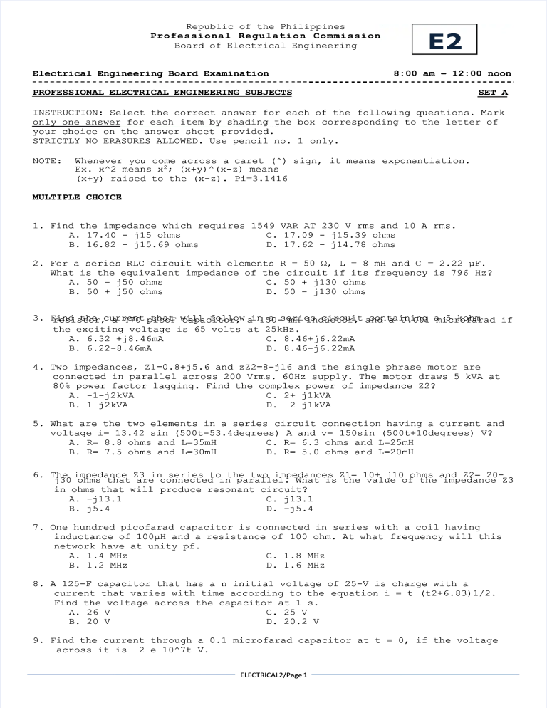 Electrical Engineering Board Exam E2 Multiple Choice Questions