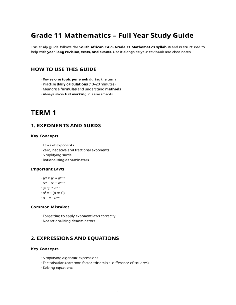 Grade 11 Mathematics Full Year Study Guide CAPS