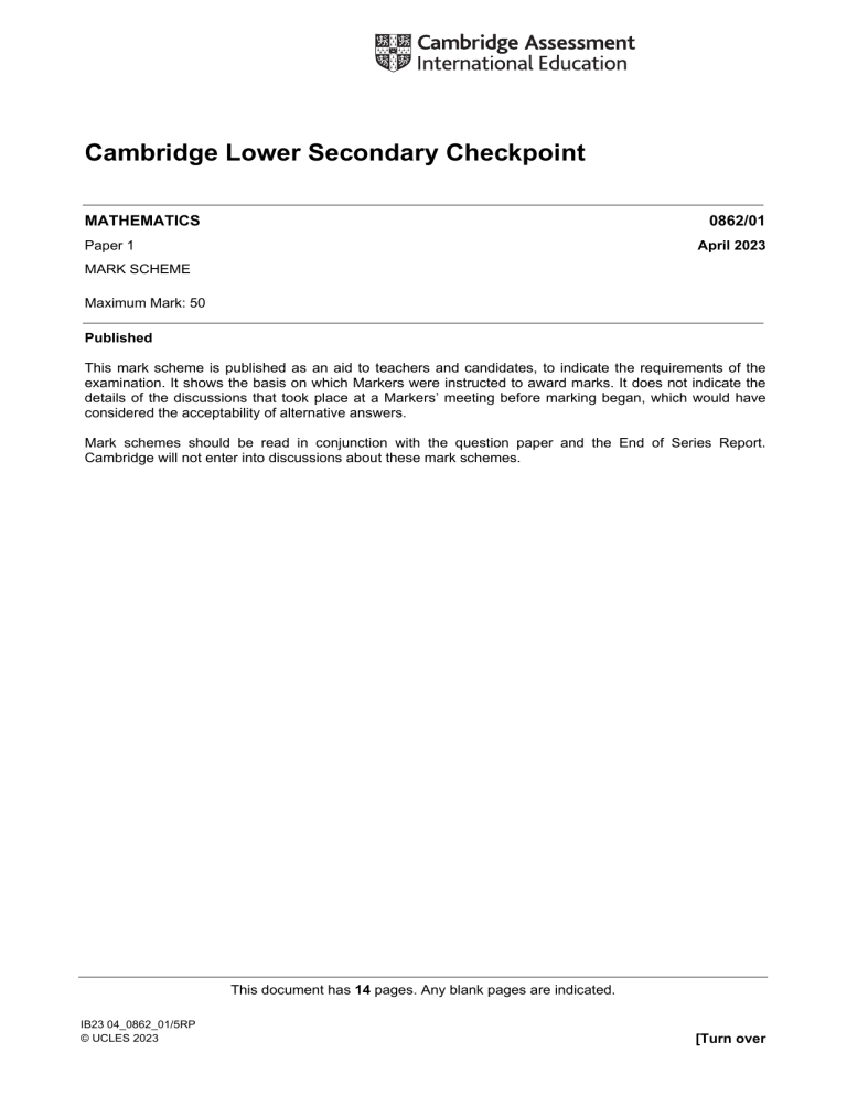 Cambridge Lower Secondary Checkpoint Math Mark Scheme 2023