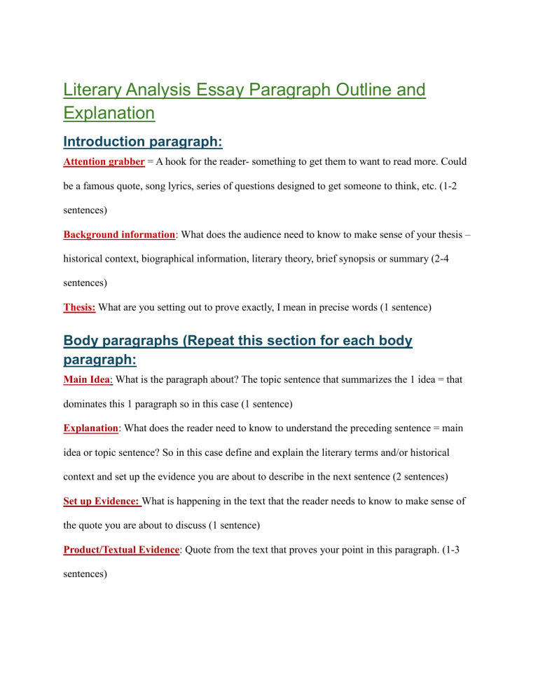 Literary Analysis Essay Paragraph Outline