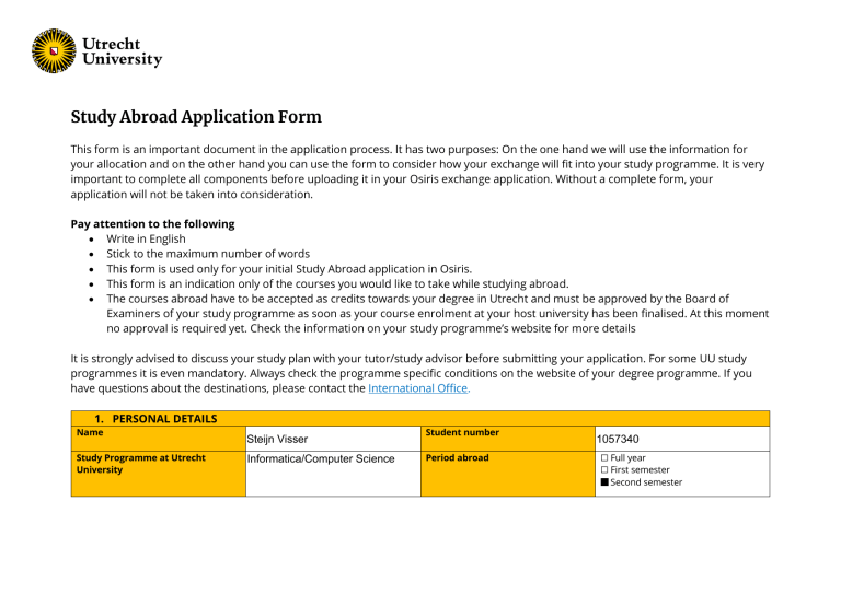 Utrecht University Study Abroad Application Form