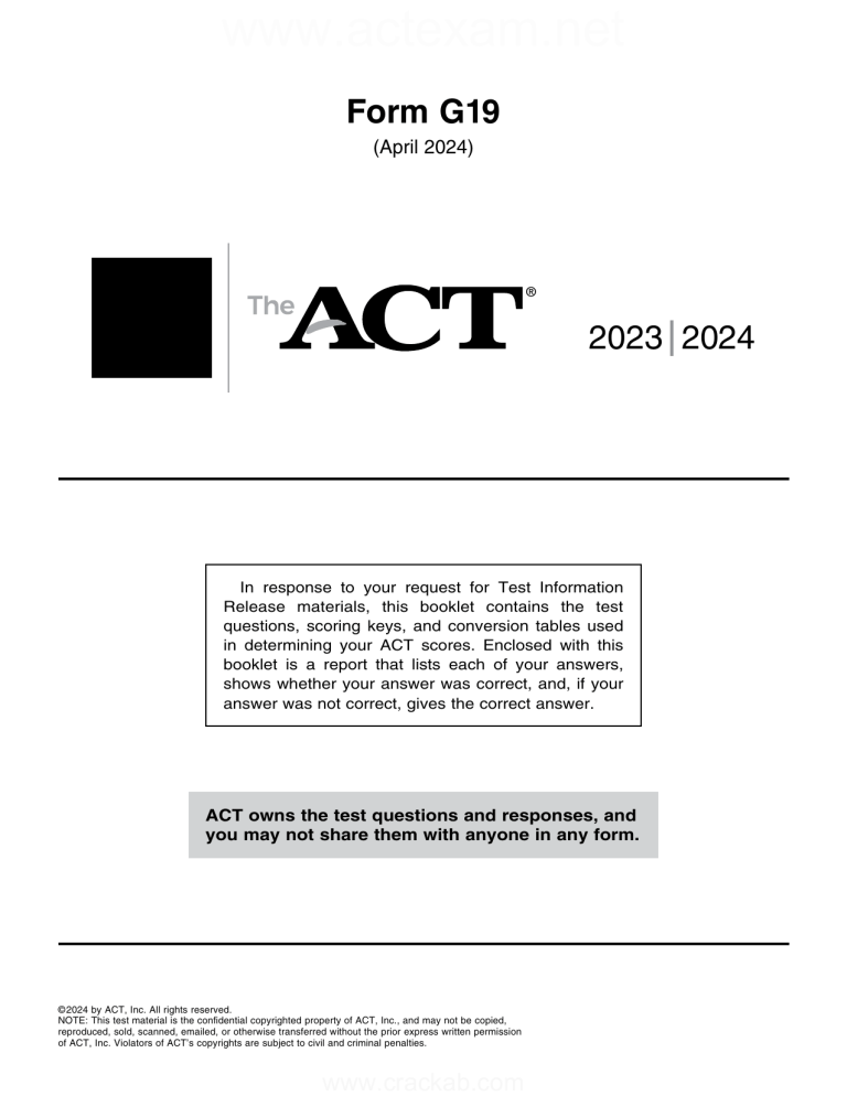 ACT Form G19 Test Booklet (April 2024)