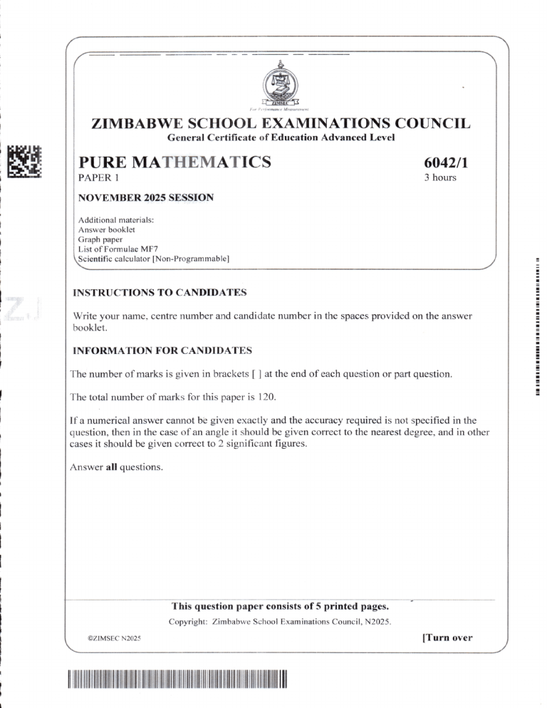 Zimsec Pure Mathematics A-Level Paper 1 Exam 2025