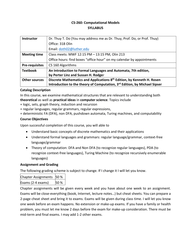 CS-260 Computational Models Syllabus