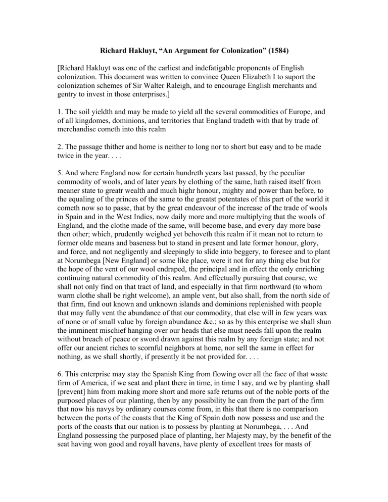 Richard Hakluyt's Argument for Colonization (1584)