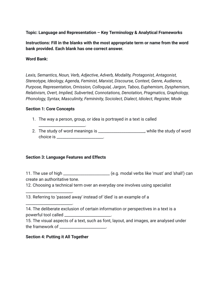 Language and Representation Worksheet