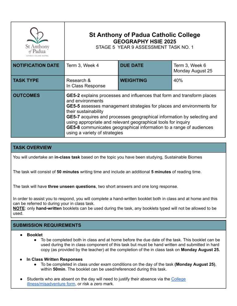 Geography Assessment Task: Sustainable Biomes (Year 9)