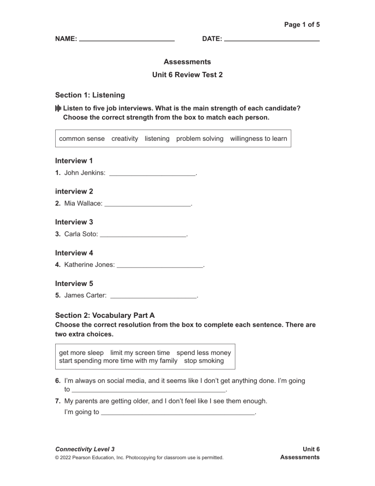 Unit 6 Review Test 2: English Assessment