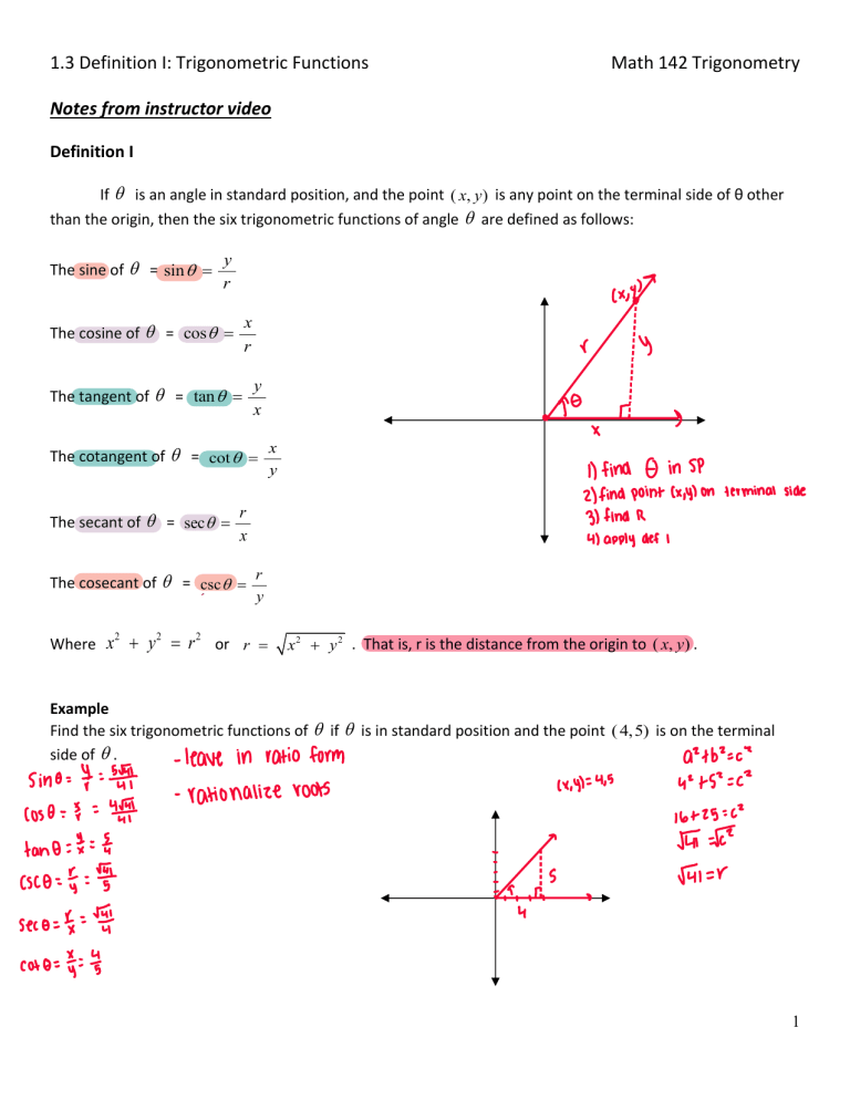 1.3 Definition I: Trigonometric Functions - Math 142 Notes