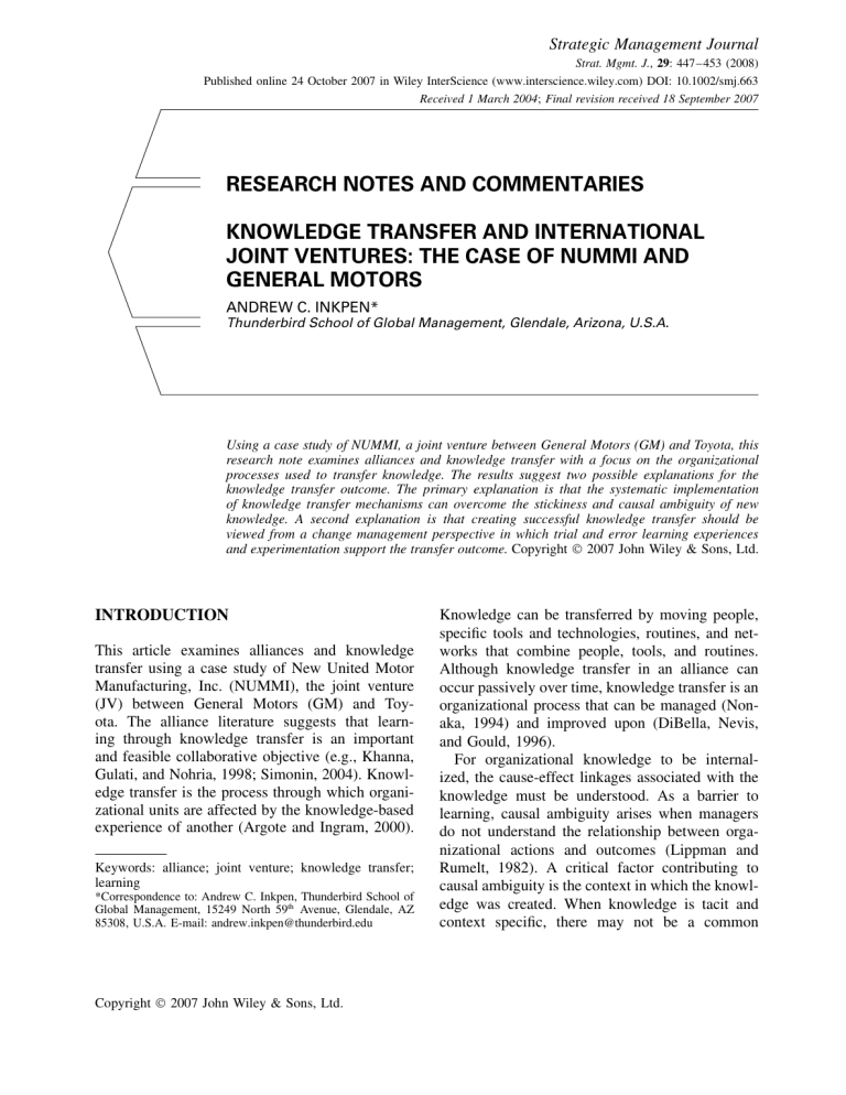 Knowledge Transfer in Joint Ventures: NUMMI Case Study