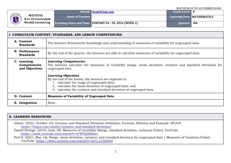 Grade 8 Math Lesson Plan: Measures of Variability