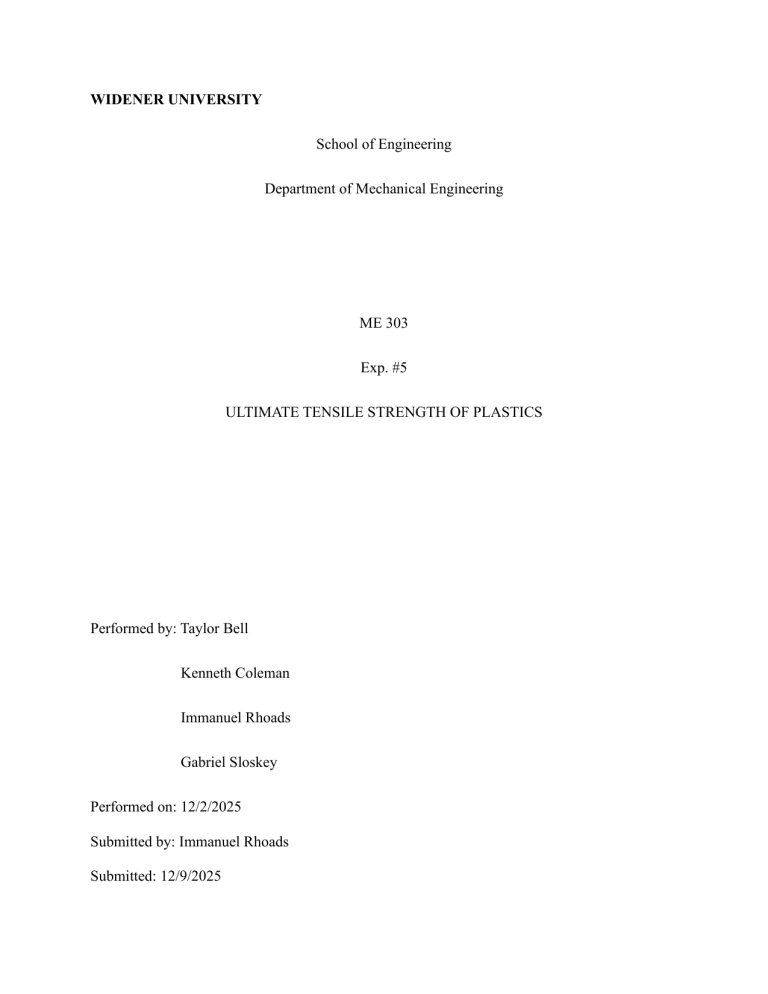 Ultimate Tensile Strength of PLA Plastics Lab Report