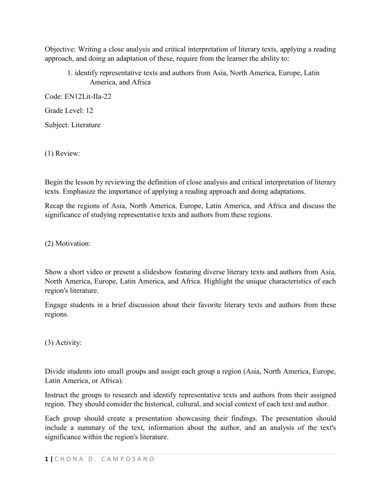 12th Grade Literature Lesson Plan: Close Analysis of Global Texts