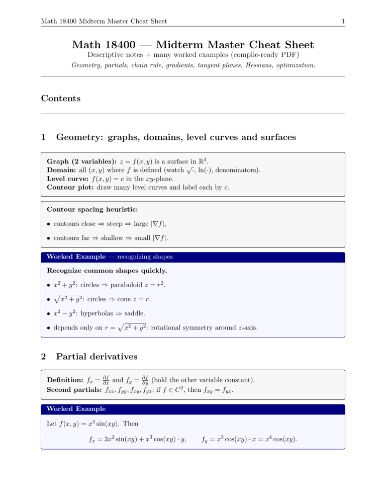 Math 18400 Midterm Cheat Sheet: Multivariable Calculus Study Guide