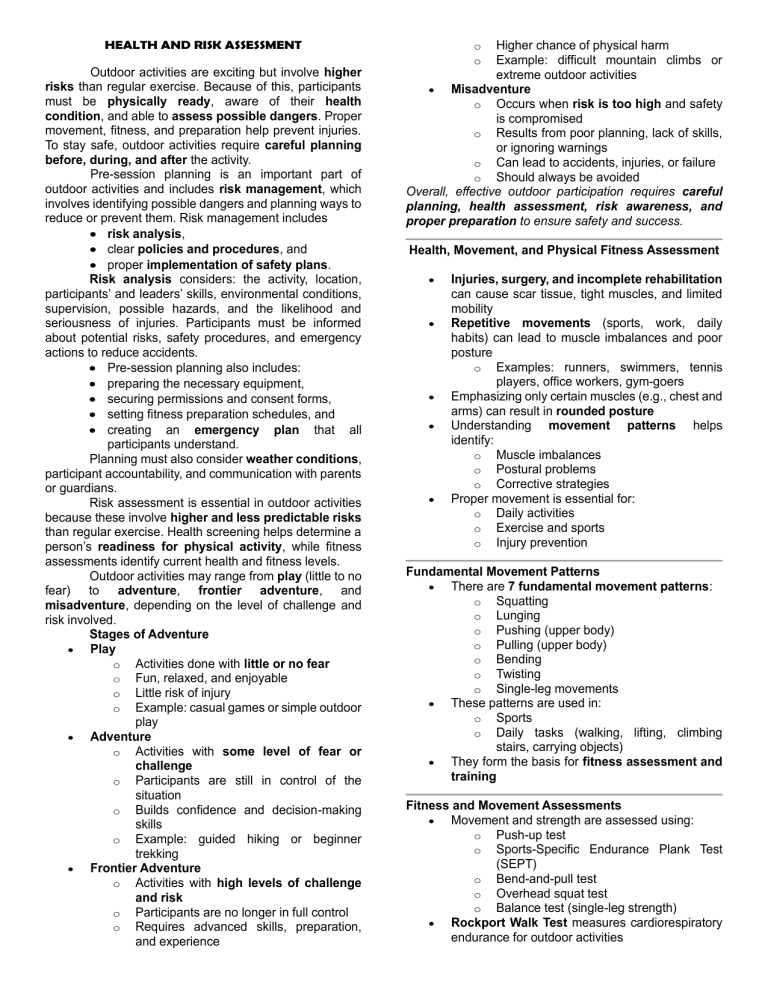 Health and Risk Assessment for Outdoor Activities