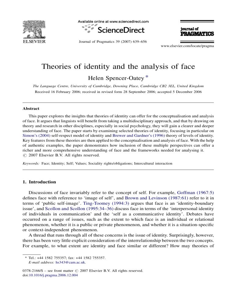 Theories of Identity and Face Analysis in Pragmatics