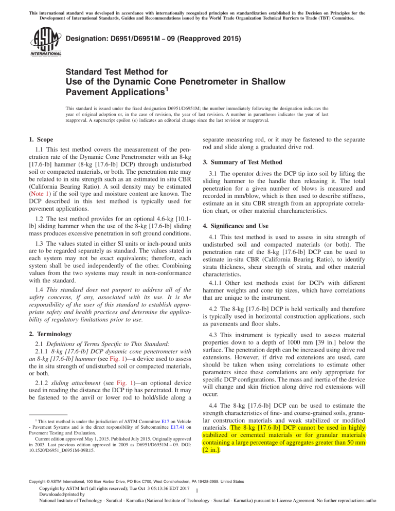 ASTM D6951/D6951M-09: Dynamic Cone Penetrometer Test Method