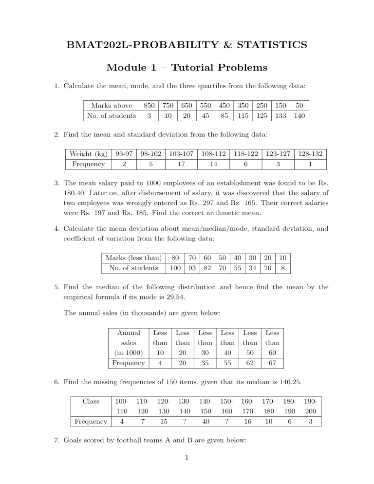 BMAT202L Probability & Statistics Tutorial Problems