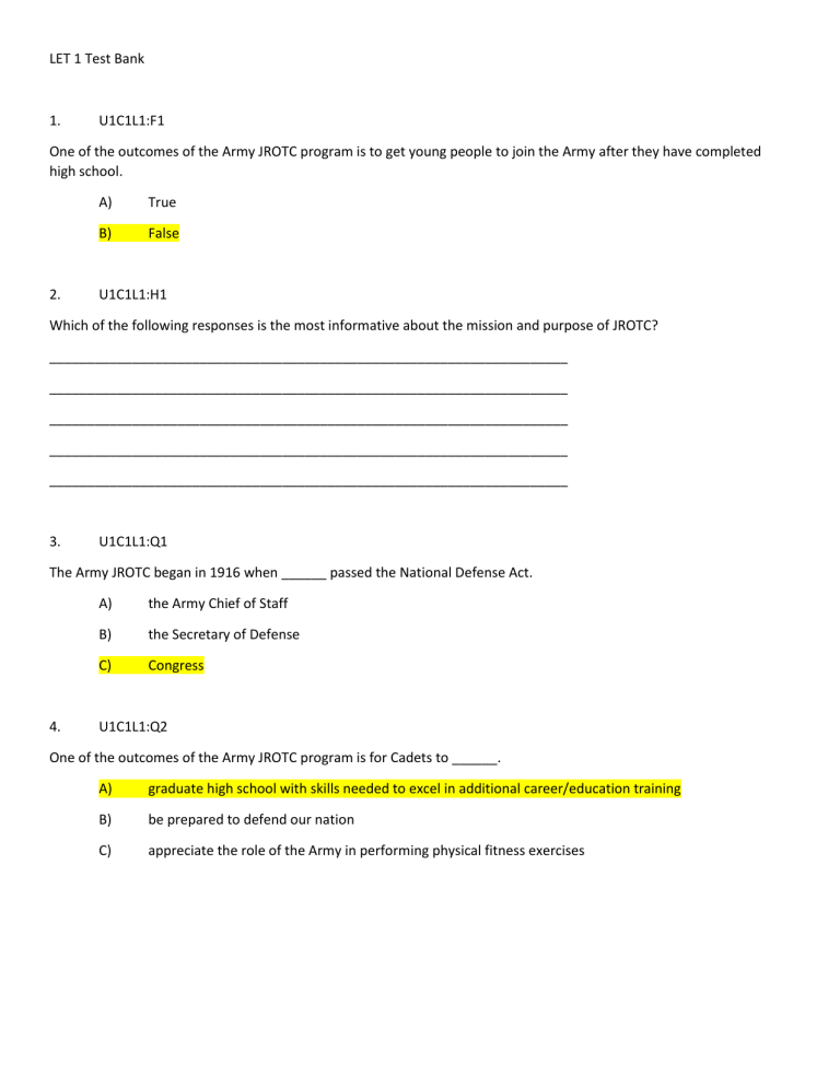 Army JROTC LET 1 Test Bank Questions and Answers