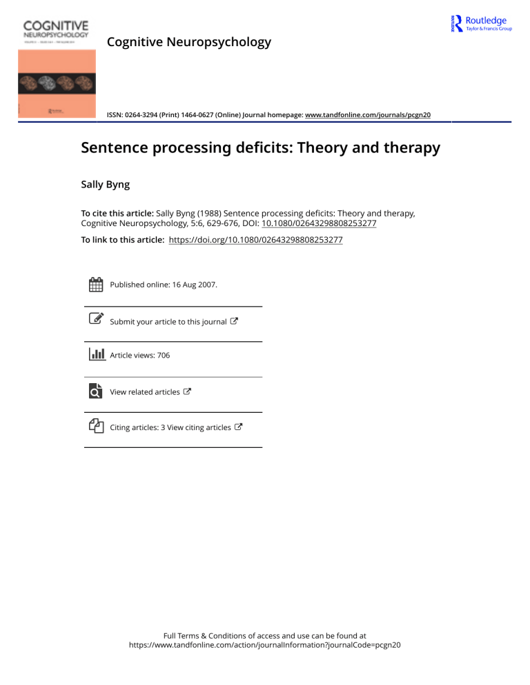 Sentence Processing Deficits: Theory and Therapy | Cognitive ...