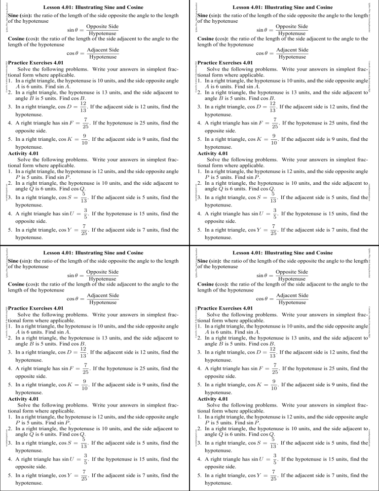 Lesson 4.01: Illustrating Sine and Cosine - Math Workbook