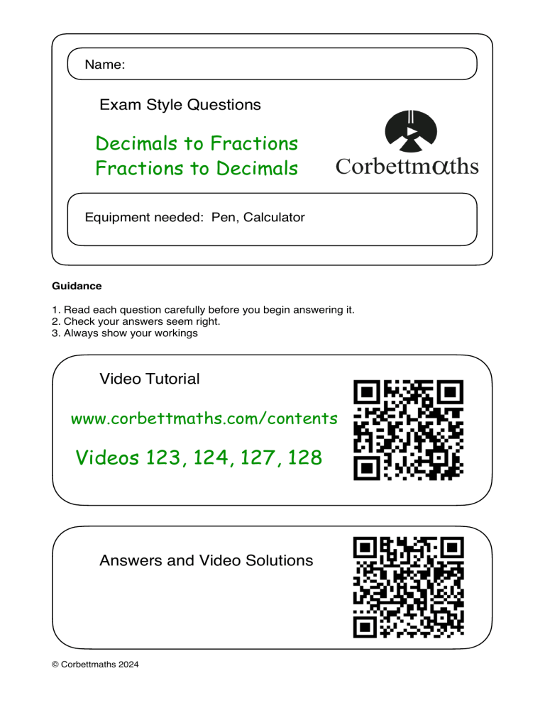 Corbettmaths Exam Questions: Decimals to Fractions