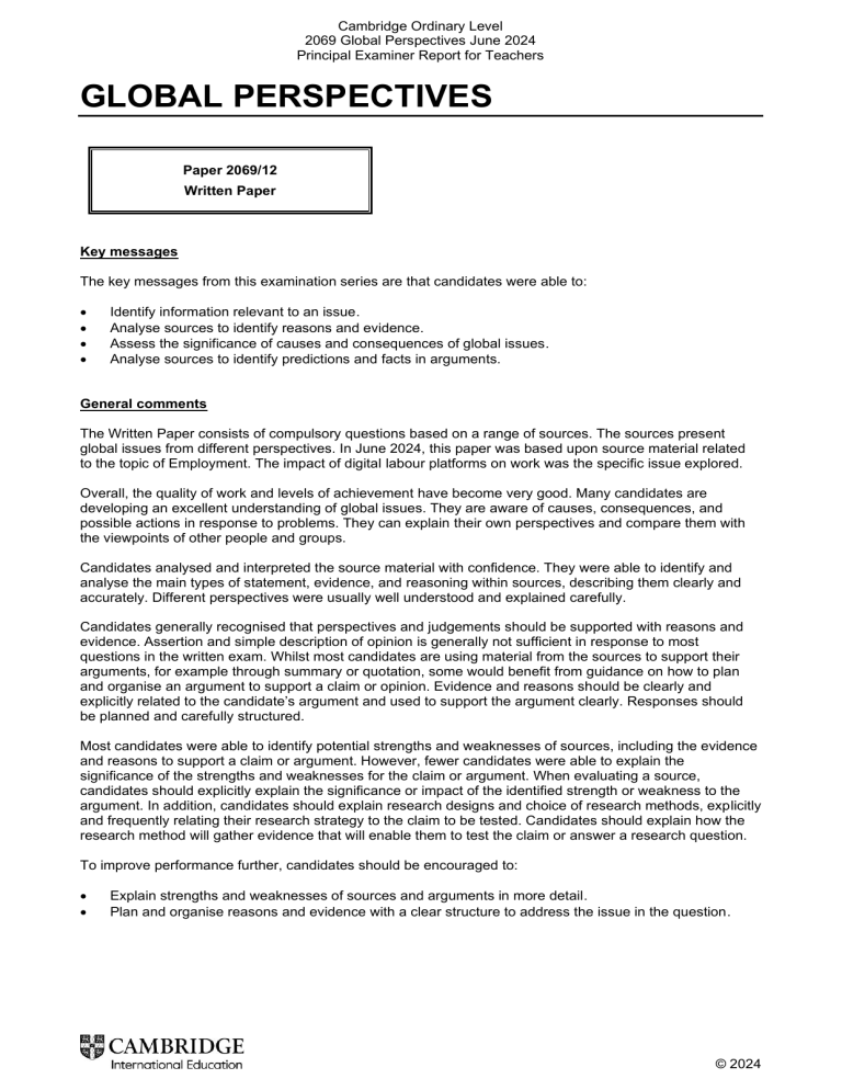 Cambridge O Level Global Perspectives 2024 Principal Examiner Report