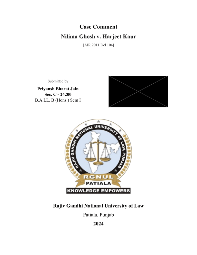 Case Comment: Nilima Ghosh v. Harjeet Kaur