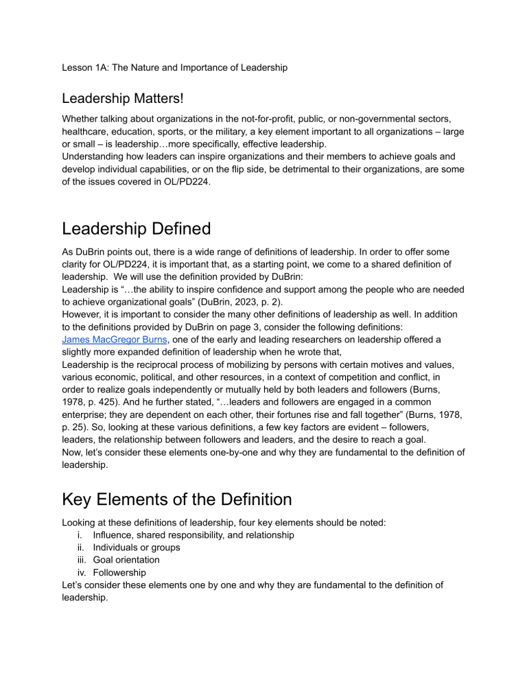 Lesson 1A: Nature and Importance of Leadership